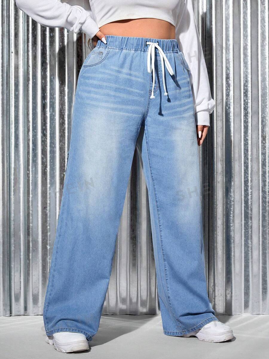 SHEIN EZwear Plus Drawstring Waist Wide Leg Jeans | SHEIN UK