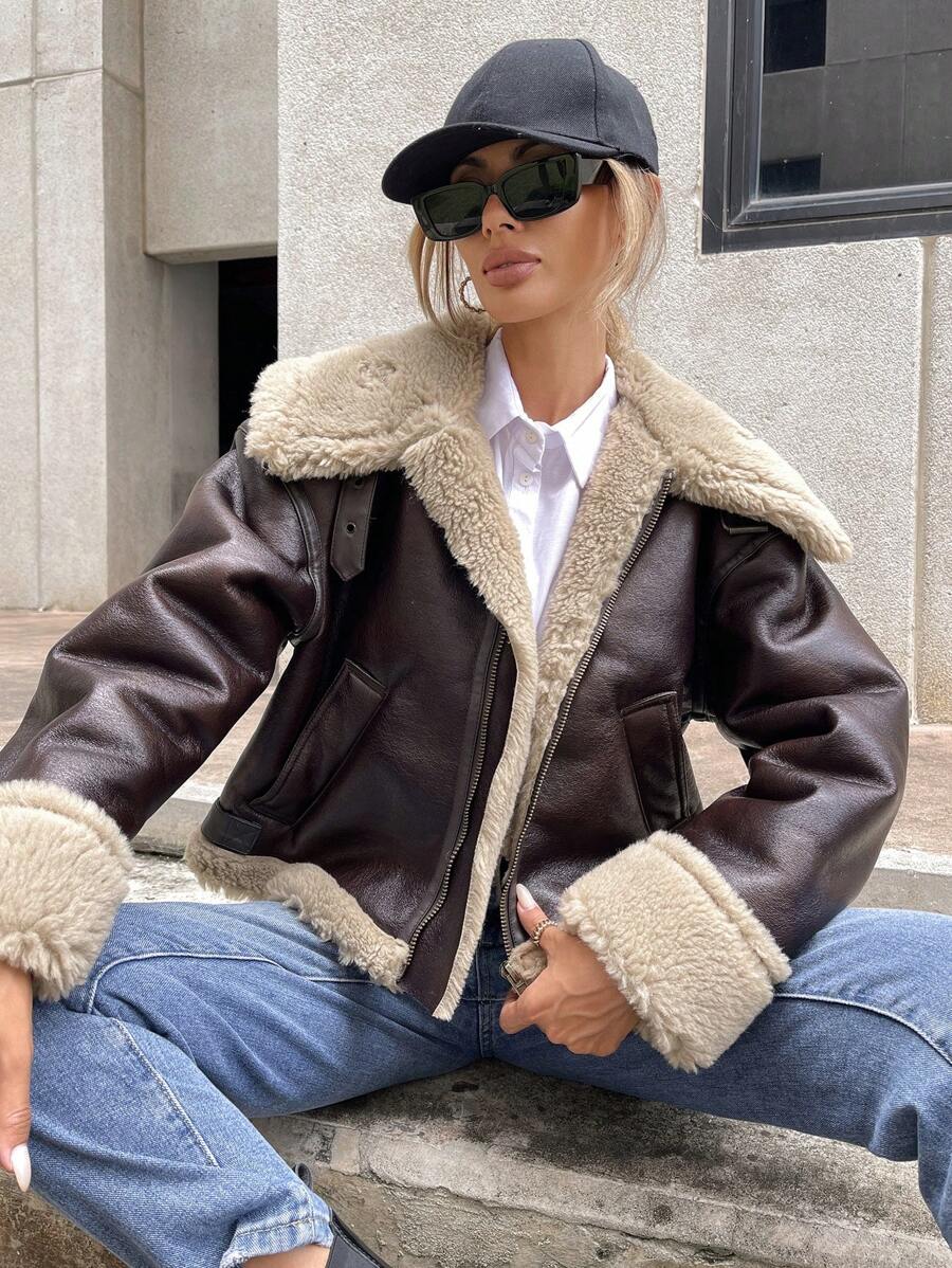 SHEIN Essnce Teddy Lined Zip Up PU Leather Jacket | SHEIN USA