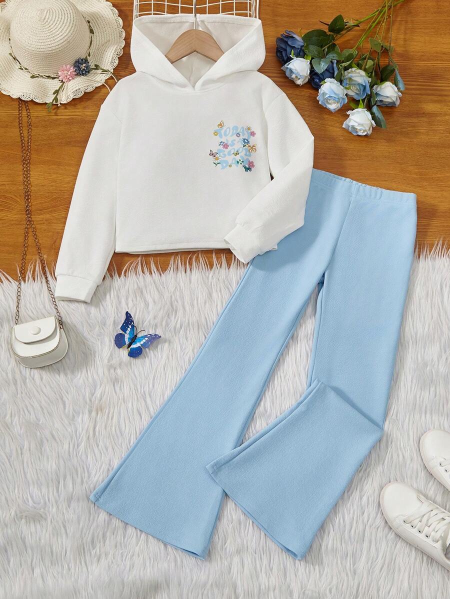 Shein Tween Girl Floral Print Hooded Neck Tied Backless Top And Flare Leg