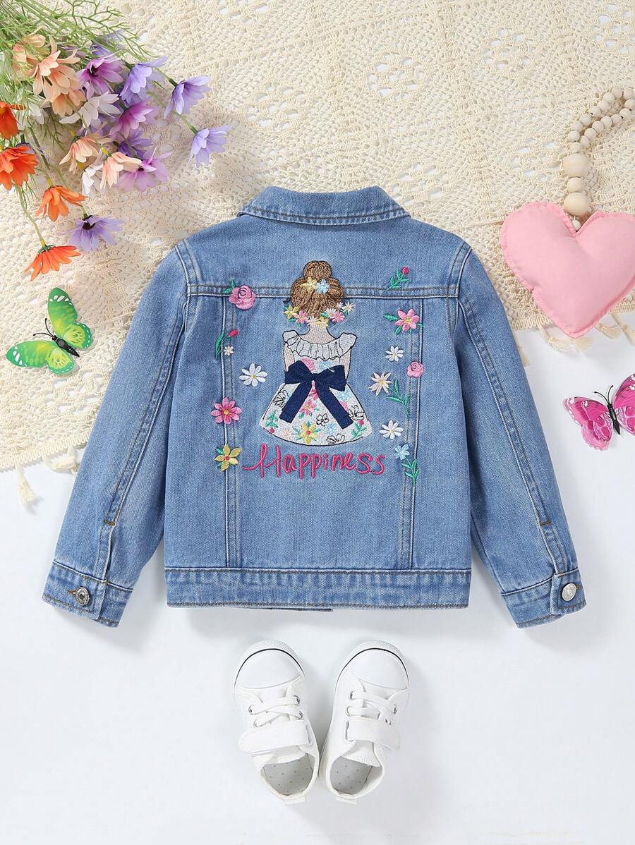 Young Girl Embroidery Letter & Figure Pattern Denim Jacket | SHEIN USA