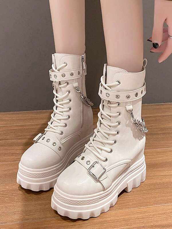 Women's Punk Style White High Top Rivet Chain Decorated Boots With ...