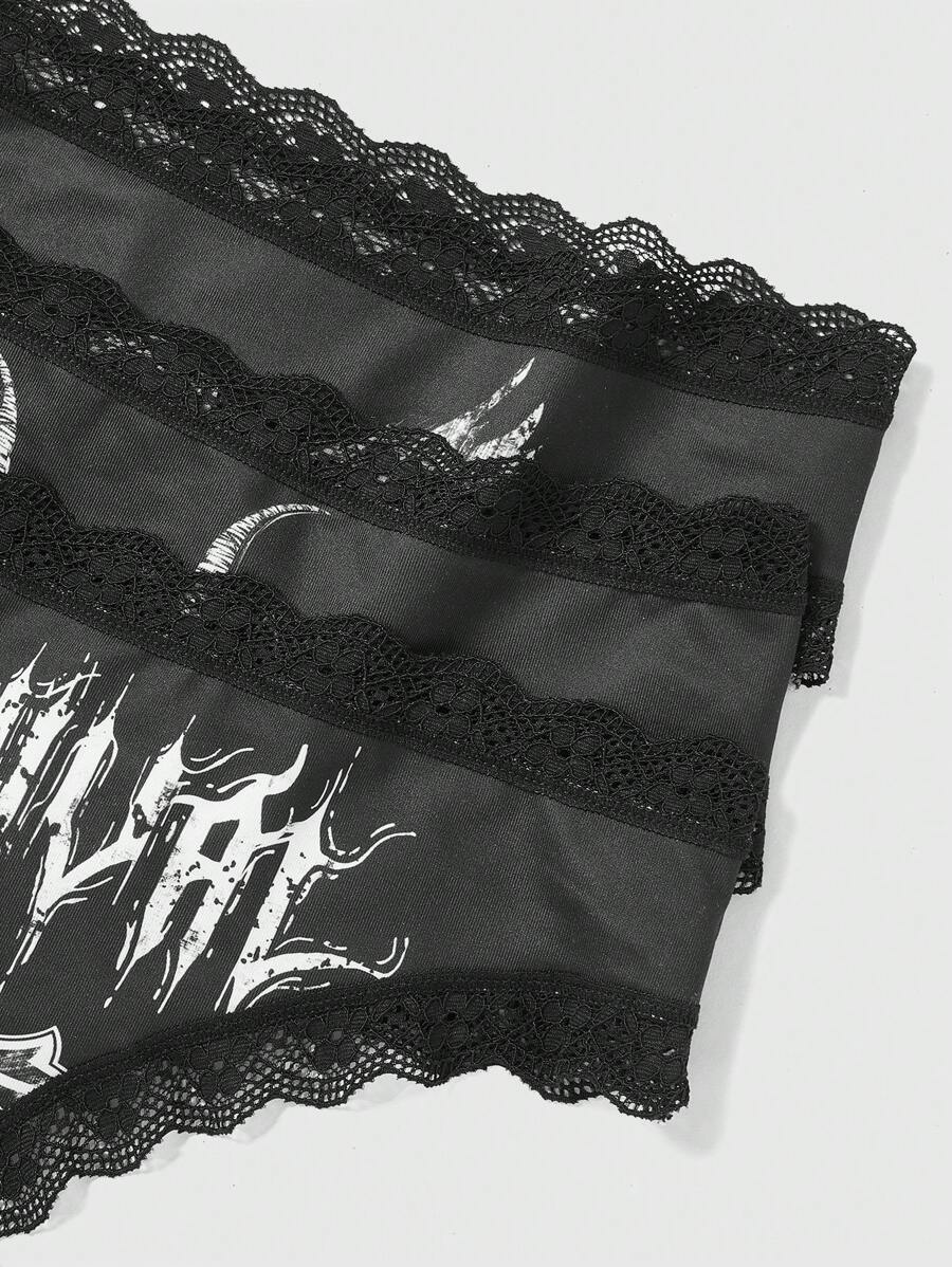 Romwe Goth 3pack Skull And Letter Graphic Contrast Lace Panty Set Shein Usa