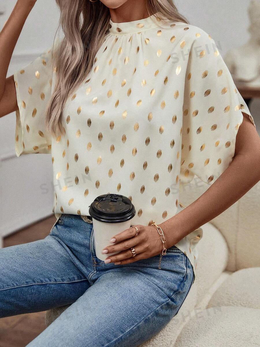 Shein Clasi Gold Dot Print Batwing Sleeve Mock Neck Blouse Shein Usa