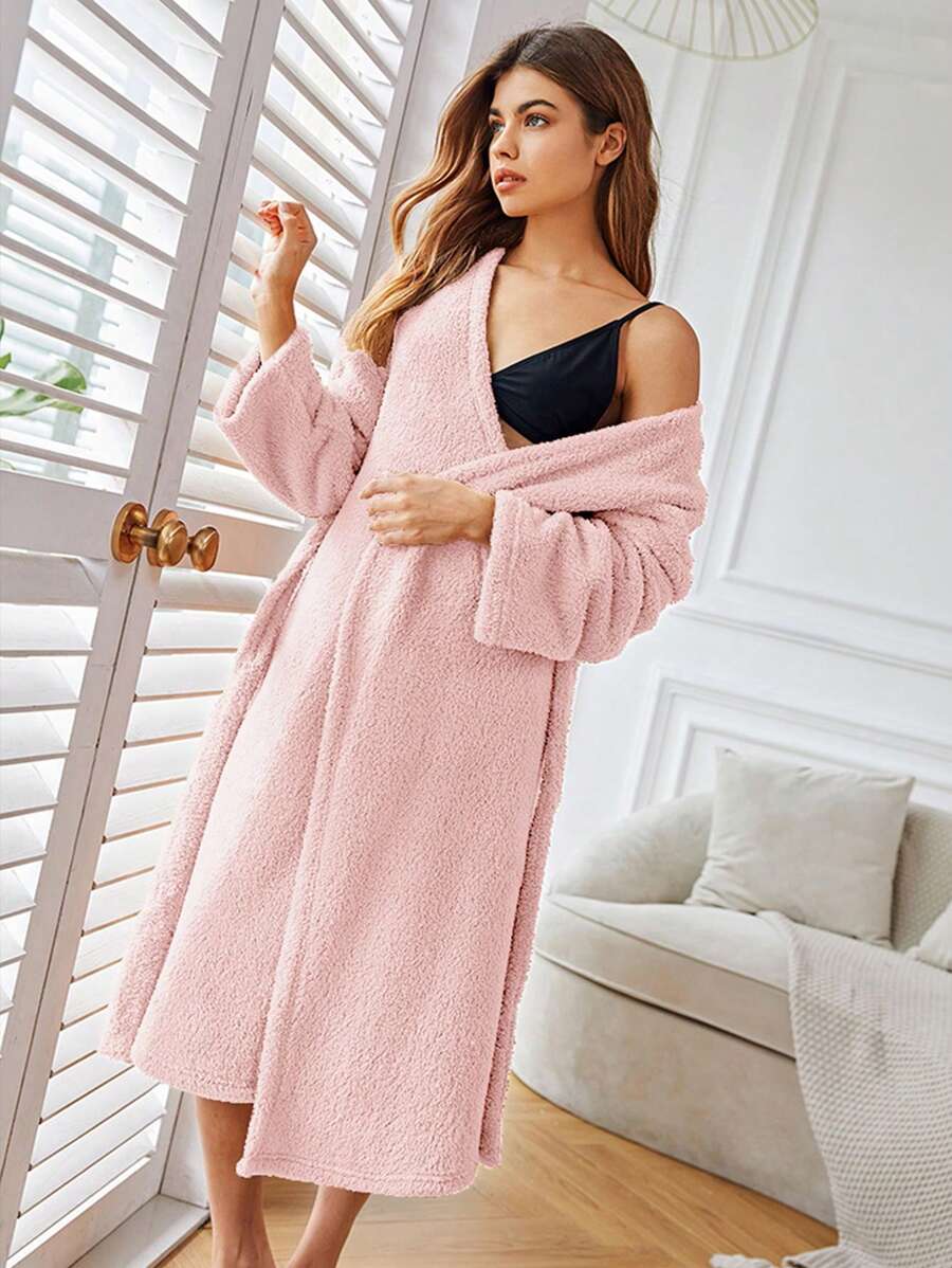 Drop Shoulder Belted Teddy Lounge Robe | SHEIN USA