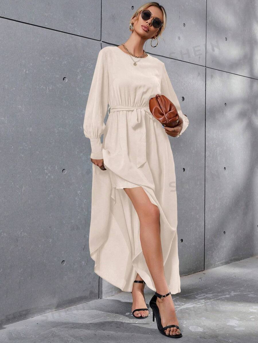 SHEIN LUNE Solid Belted Maxi A-line Dress | SHEIN UK