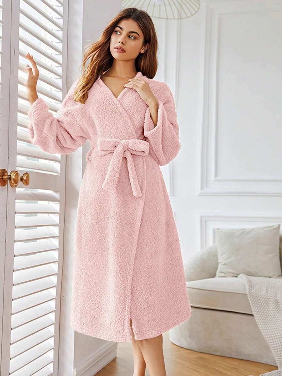 Drop Shoulder Belted Teddy Lounge Robe | SHEIN USA