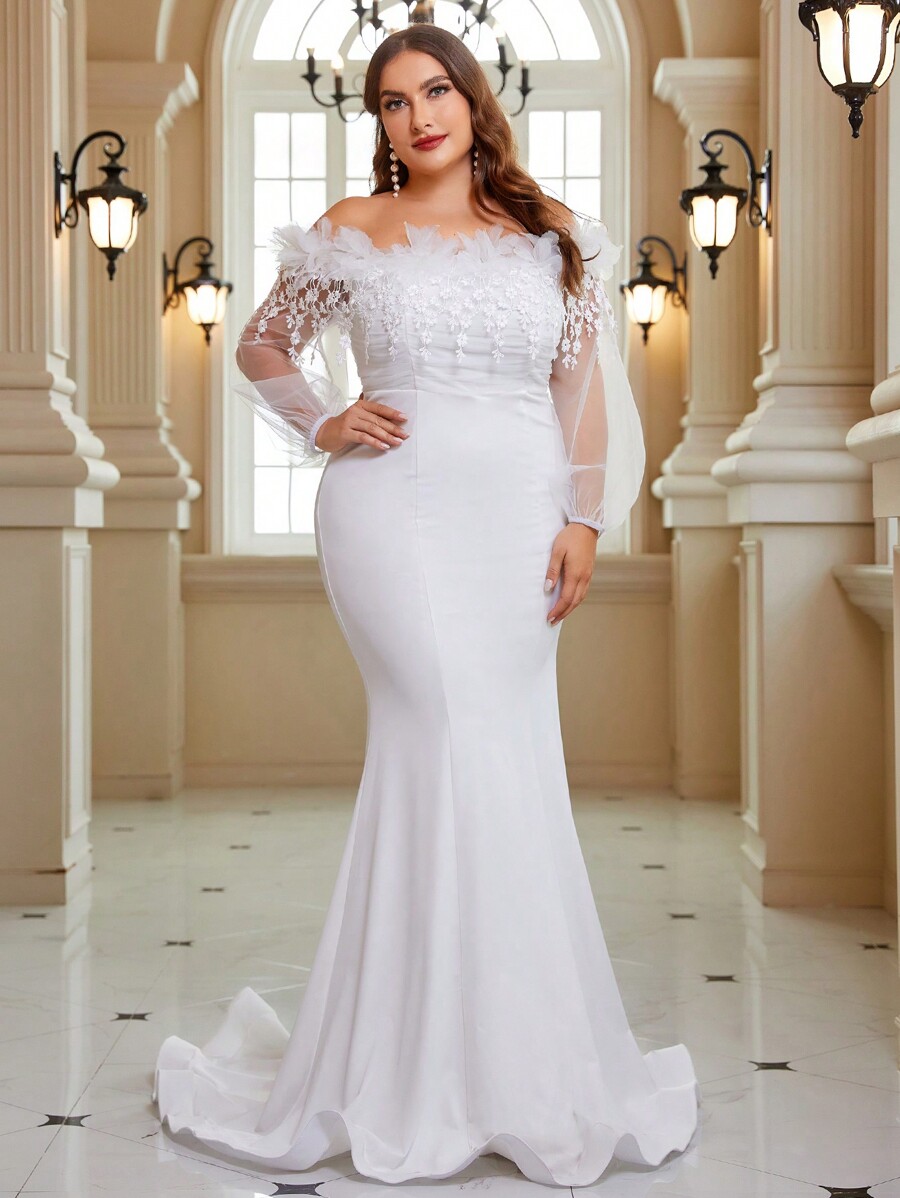SHEIN Belle Plus Off Shoulder Contrast Mesh Appliques Wedding Dress | SHEIN USA