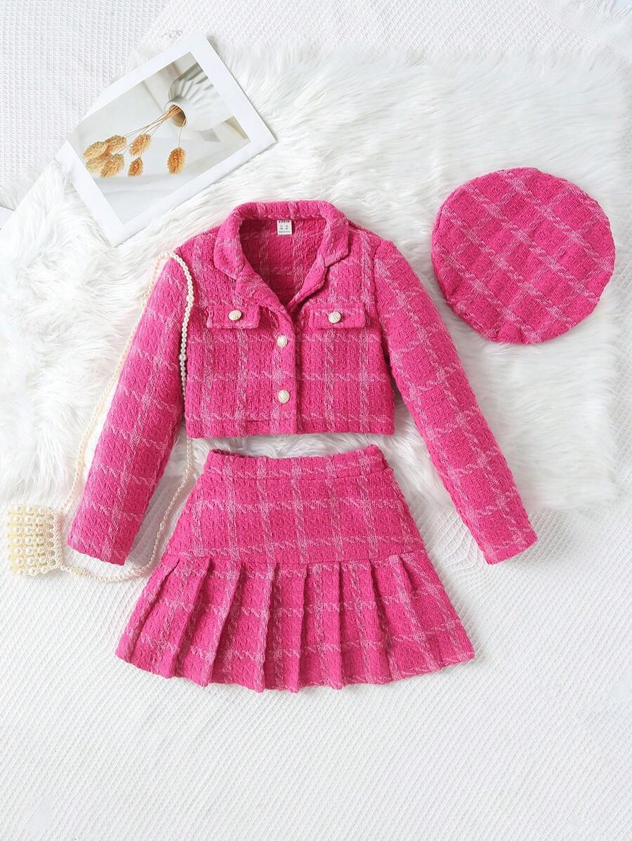SHEIN Tween Girl Plaid Print Flap Detail Tweed Jacket & Pleated Skirt ...
