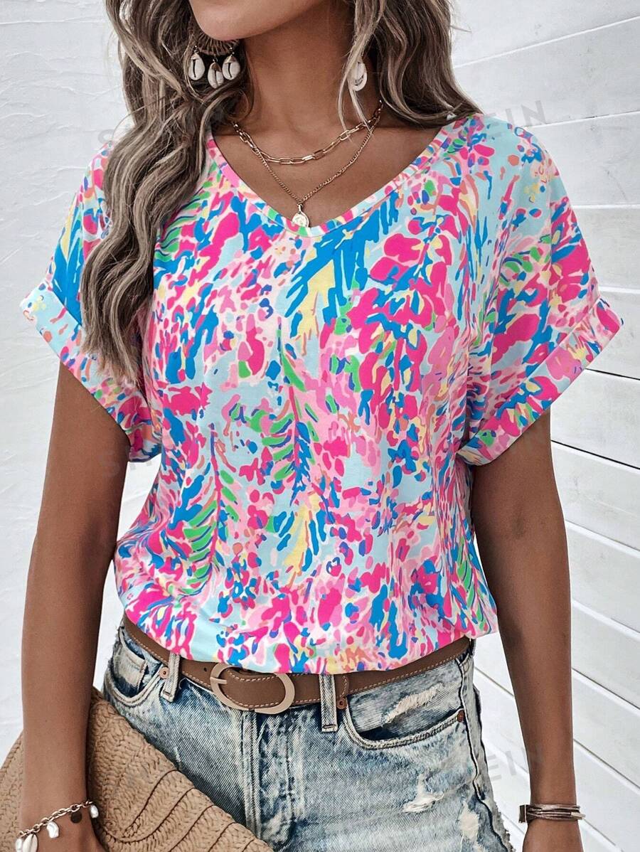 Shein Lune Allover Print Batwing Sleeve Tee Shein Usa