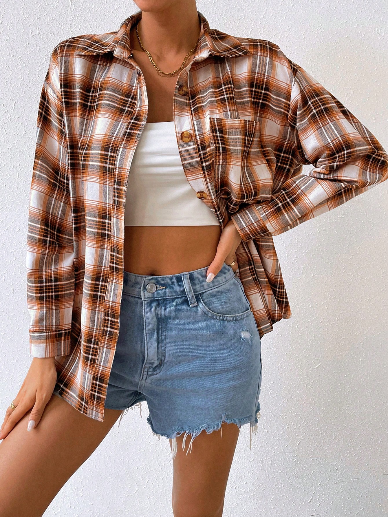 SHEIN Essnce Plaid Print Drop Shoulder Shirt | SHEIN USA