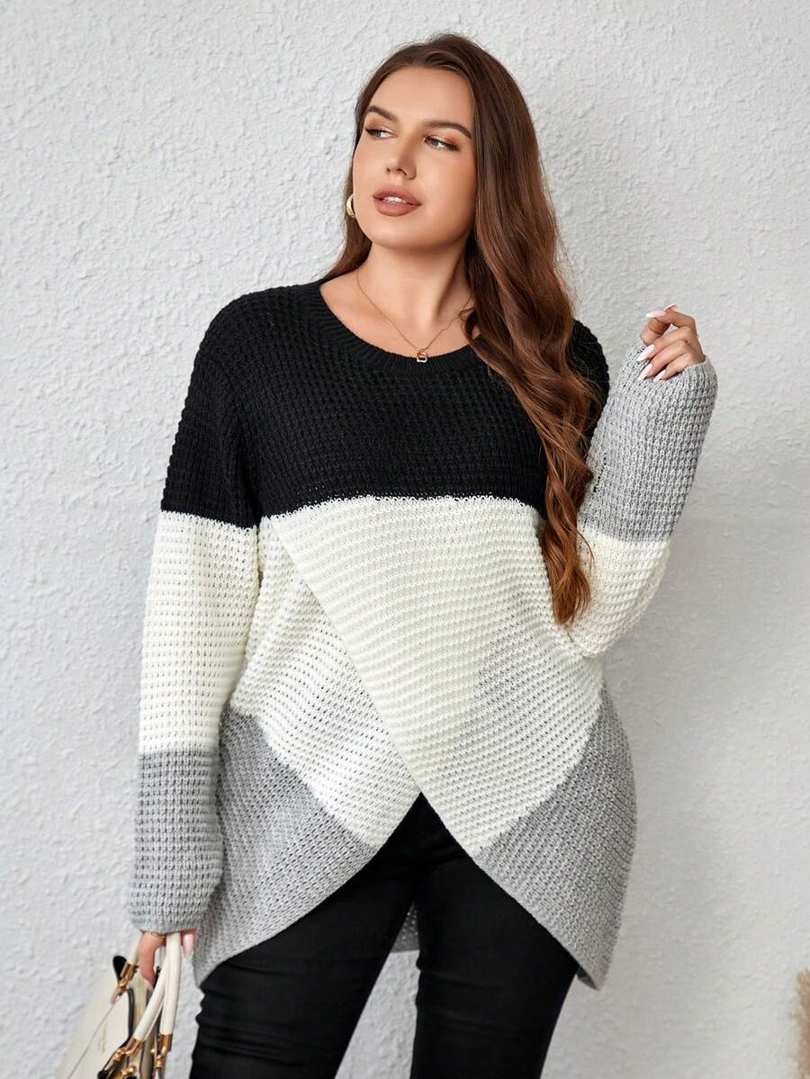 EMERY ROSE Plus Colorblock Wrap Cross Sweater | SHEIN USA