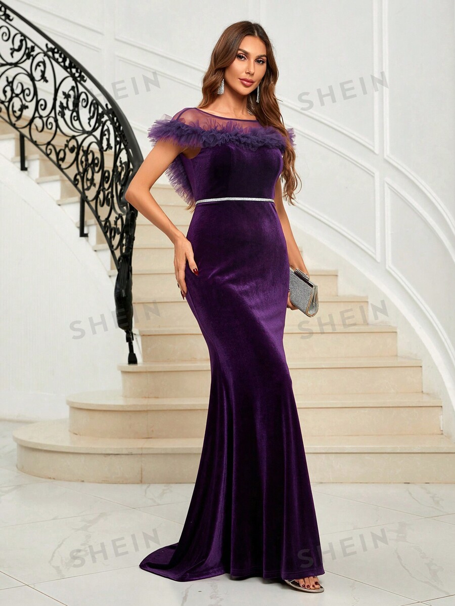 SHEIN Belle Ruffle Mesh Trim Mermaid Hem Velvet Bridesmaid Dress ...
