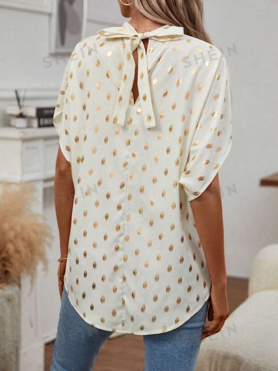 Shein Clasi Gold Dot Print Batwing Sleeve Mock Neck Blouse Shein Uk