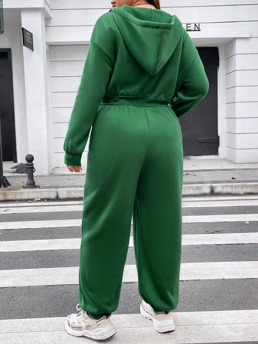 Shein Ezwear Plus Zip Up Drop Shoulder Drawstring Hooded Elastic Waist