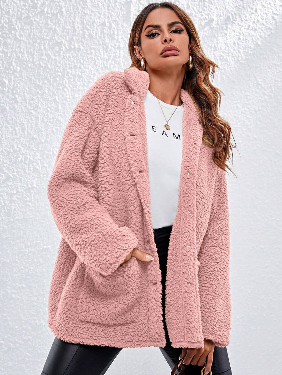 SHEIN Essnce Drop Shoulder Button Front Teddy Coat | SHEIN USA