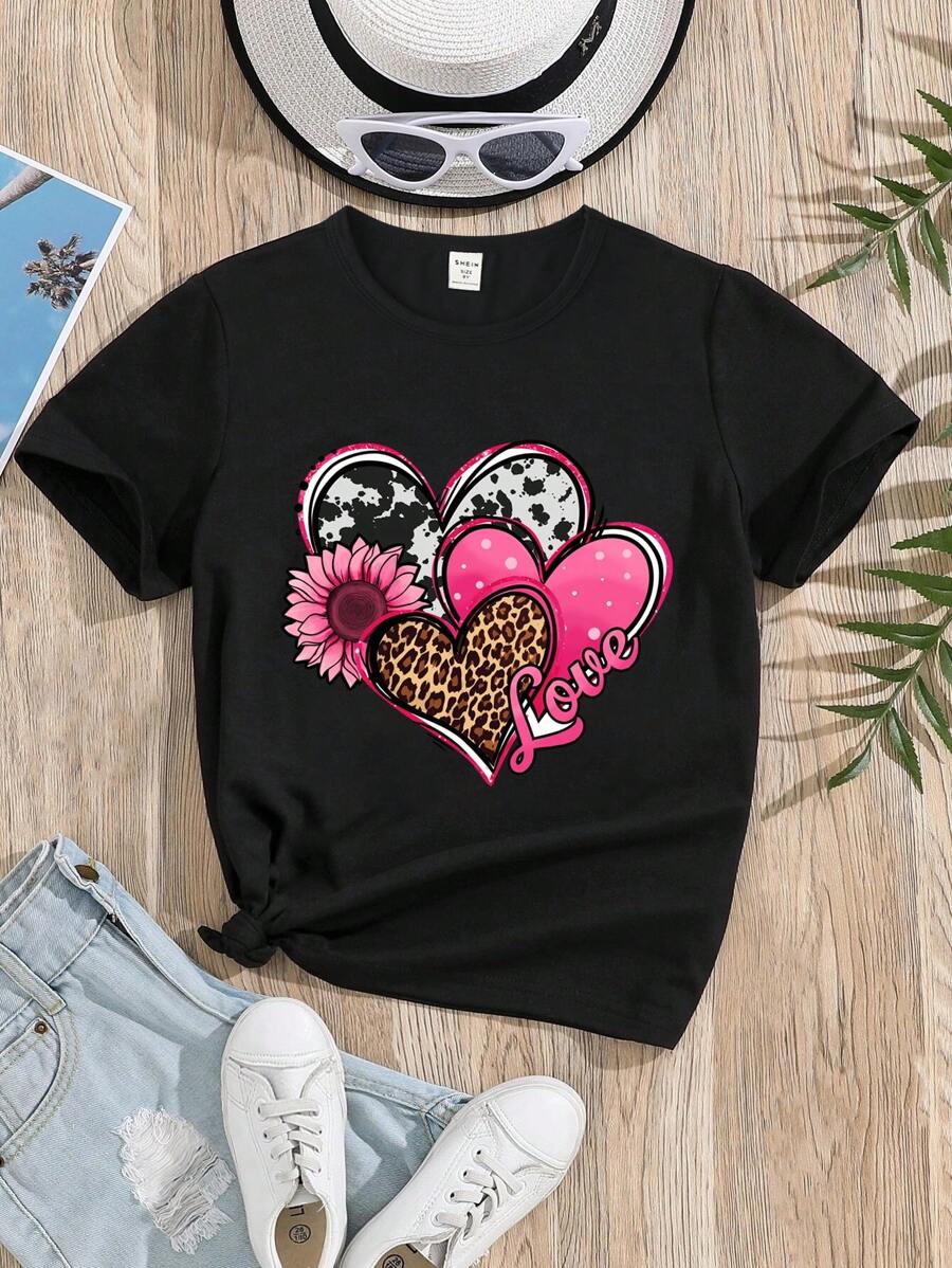SHEIN Tween meisje Hart & Luipaardprint T-shirt | SHEIN Nederland