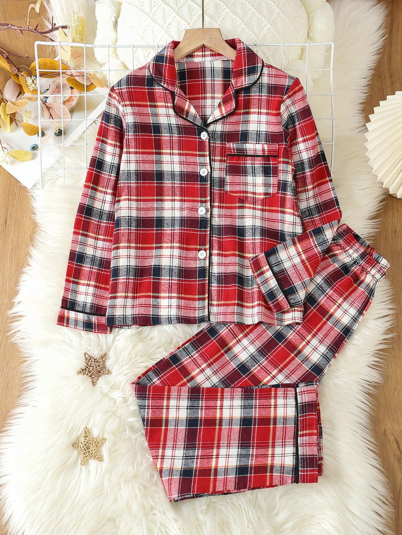Tween Girl Plaid Print Contrast Piping PJ Set for Christmas | SHEIN EUR