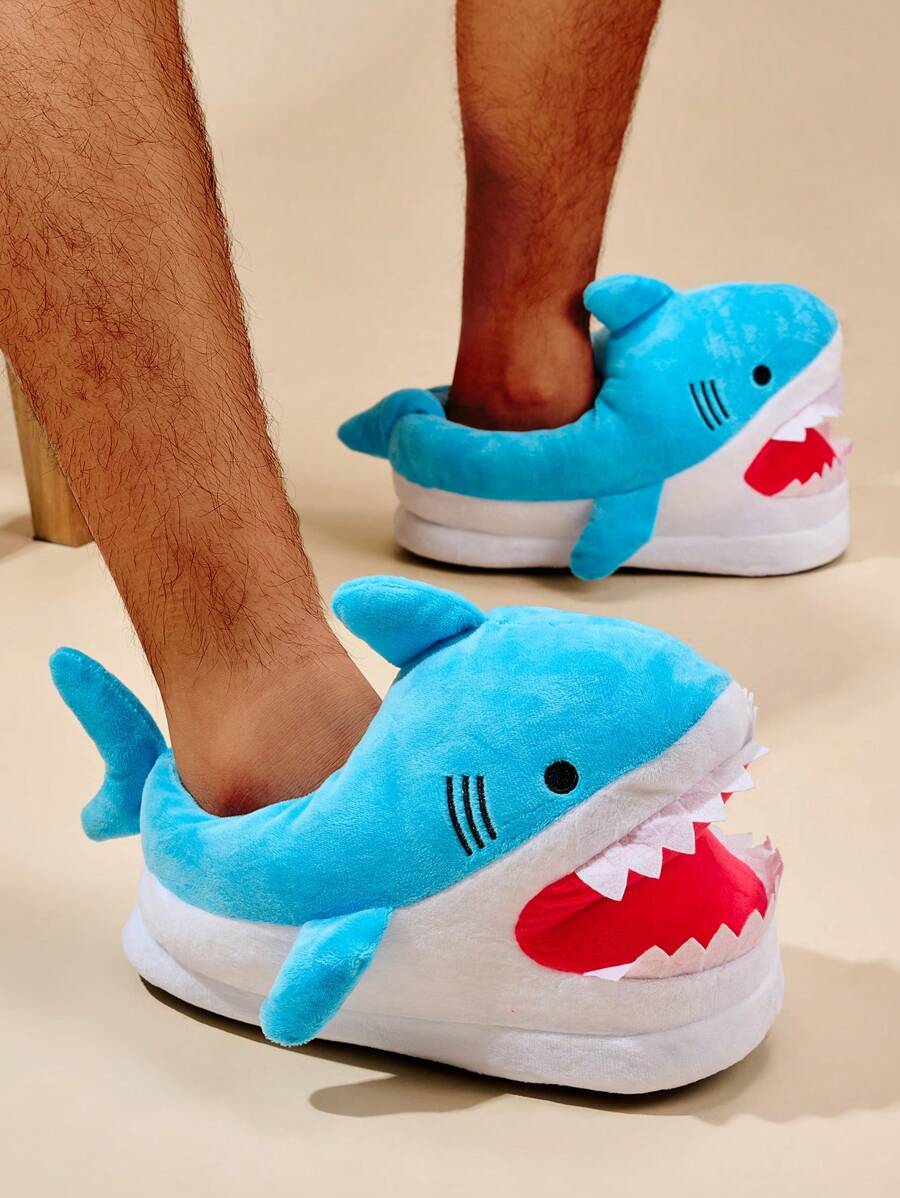 Cartoon Shark Plush Slippers With Heel & Warm House Shoes, Couple Shoes ...