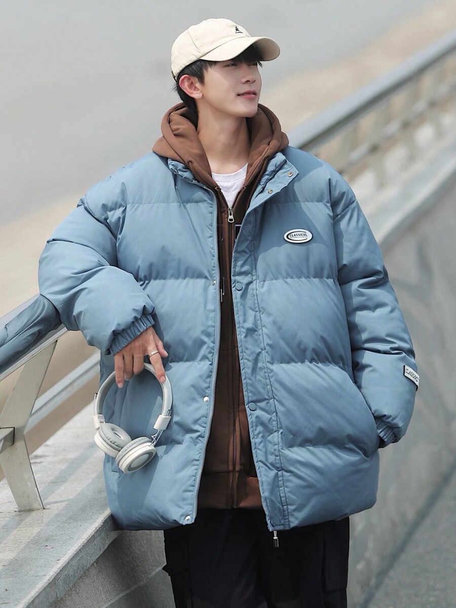 Manfinity Men's Drop Shoulder Zipper Oversized Puffer Coat With Letter ...