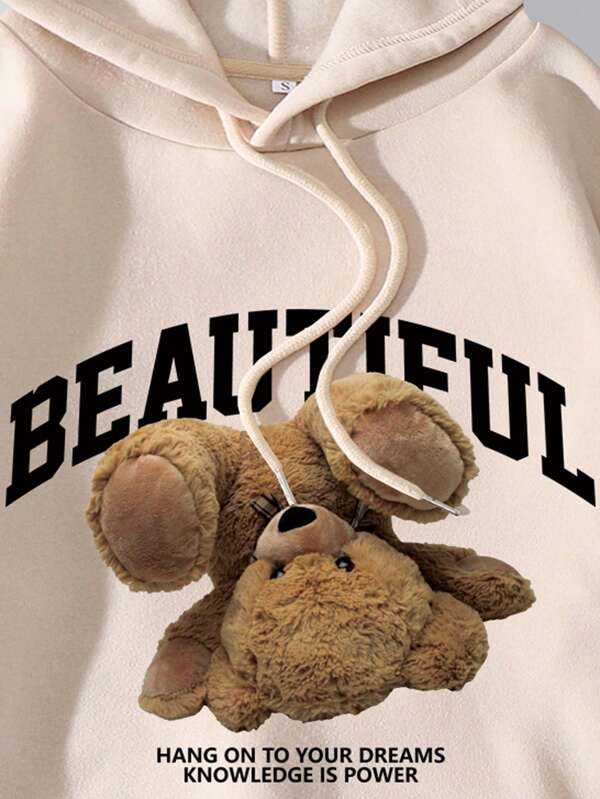 SHEIN Qutie Bear & Slogan Graphic Drawstring Thermal Lined Hoodie ...