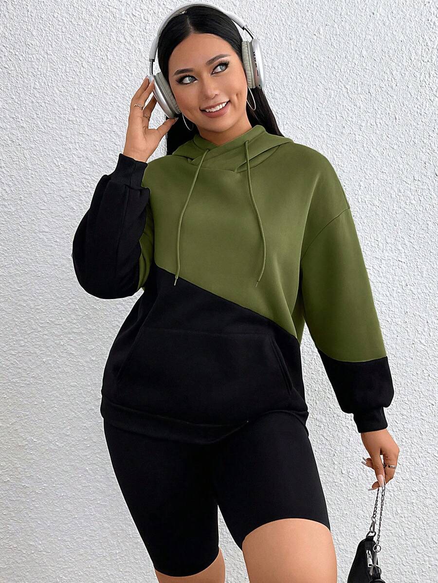 Shein Ezwear Plus Two Tone Drop Shoulder Drawstring Hoodie Shein Usa