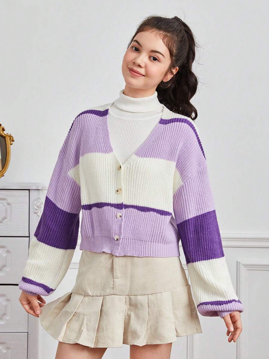Teen Girl Colorblock Drop Shoulder Cardigan | SHEIN USA