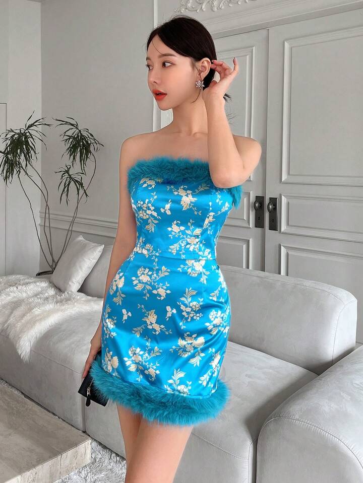 SHEINNeu Floral Print Fuzzy Trim Tube Top | SHEIN UK