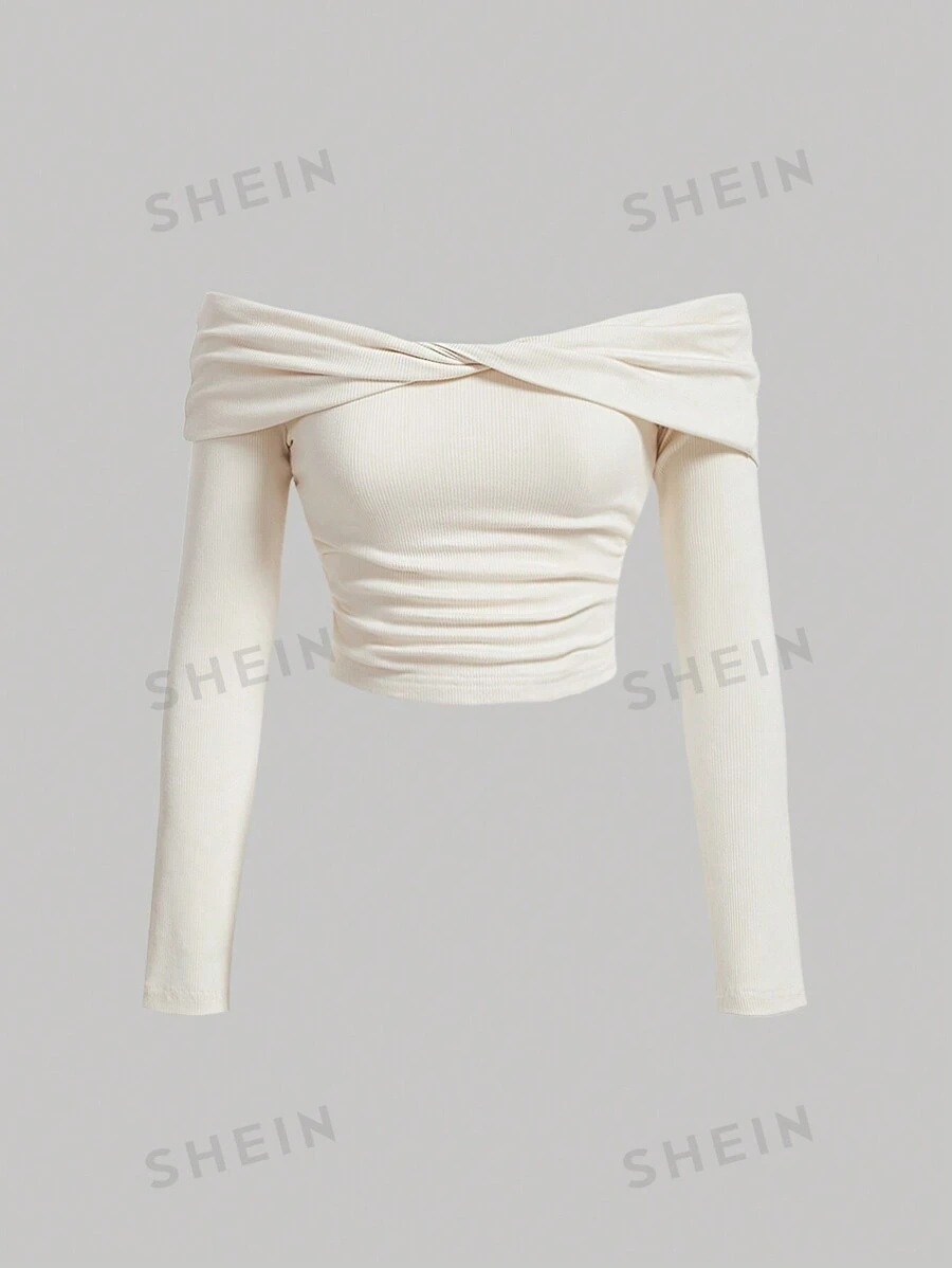 Shein Mod Off Shoulder Center Front Kink Ruched Long Sleeves Spring Tee