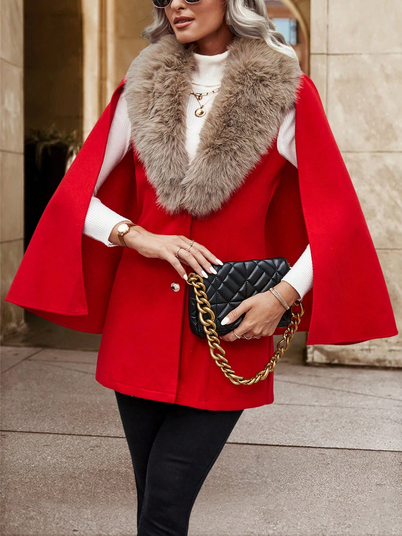 SHEIN Frenchy Fuzzy Collar Cloak Sleeve Fleece Lined Cape Overcoat ...