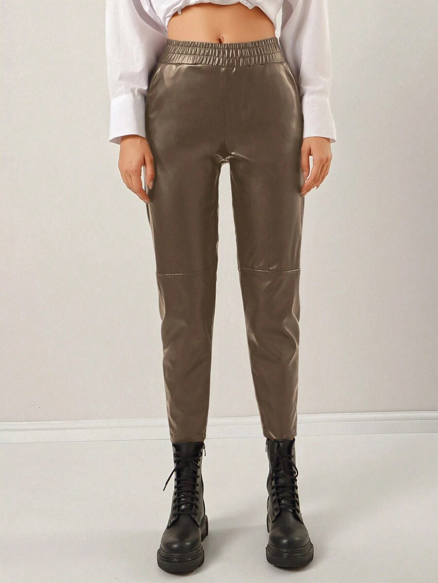 EURMUSE Solid Slant Pocket PU Pants | SHEIN USA