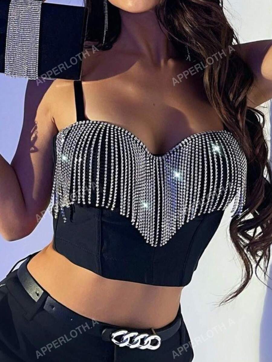 Apperloth A Rhinestone Fringe Trim Corset Cami Top Rave Music Festival | SHEIN USA