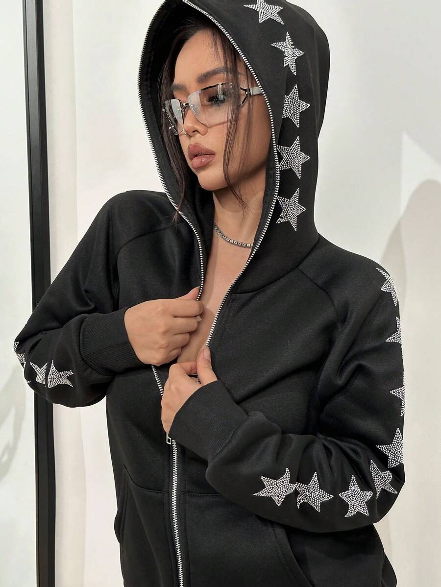 SHEIN ICON Rhinestone Star Graphic Raglan Sleeve Zip Up Hoodie | SHEIN USA