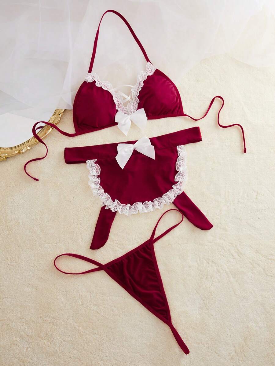 Plus Contrast Lace Bow Front Maid Costume Set | SHEIN USA