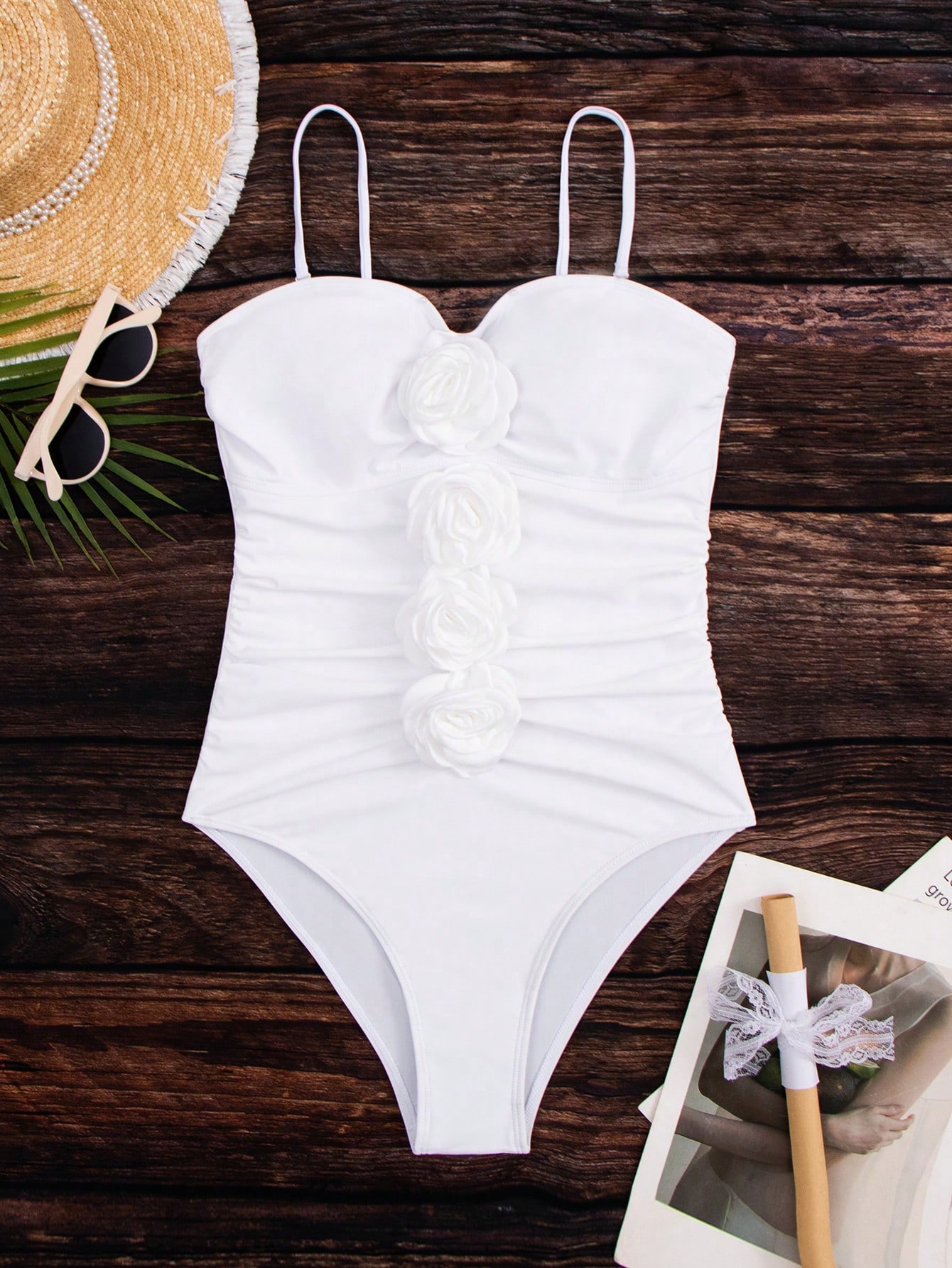 SHEIN X Lily May Mac Stereo Flower Ruched Cami One Piece Swimsuit ...