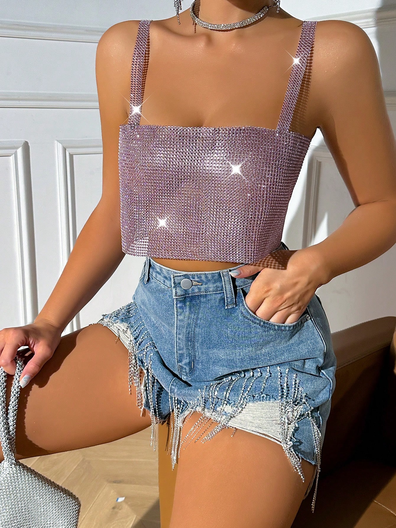 Shein Sxy Rhinestone Detail Crop Cami Top Shein Usa