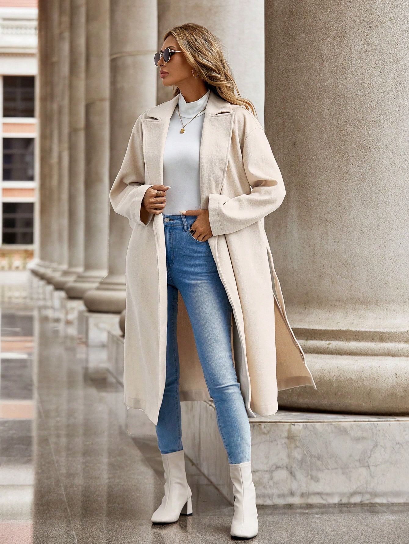 SHEIN LUNE Lapel Neck Slant Pocket Belted Overcoat | SHEIN USA