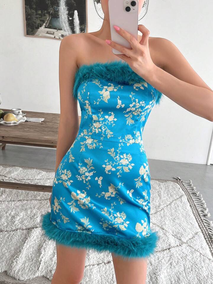 SHEINNeu Floral Print Fuzzy Trim Tube Top | SHEIN UK