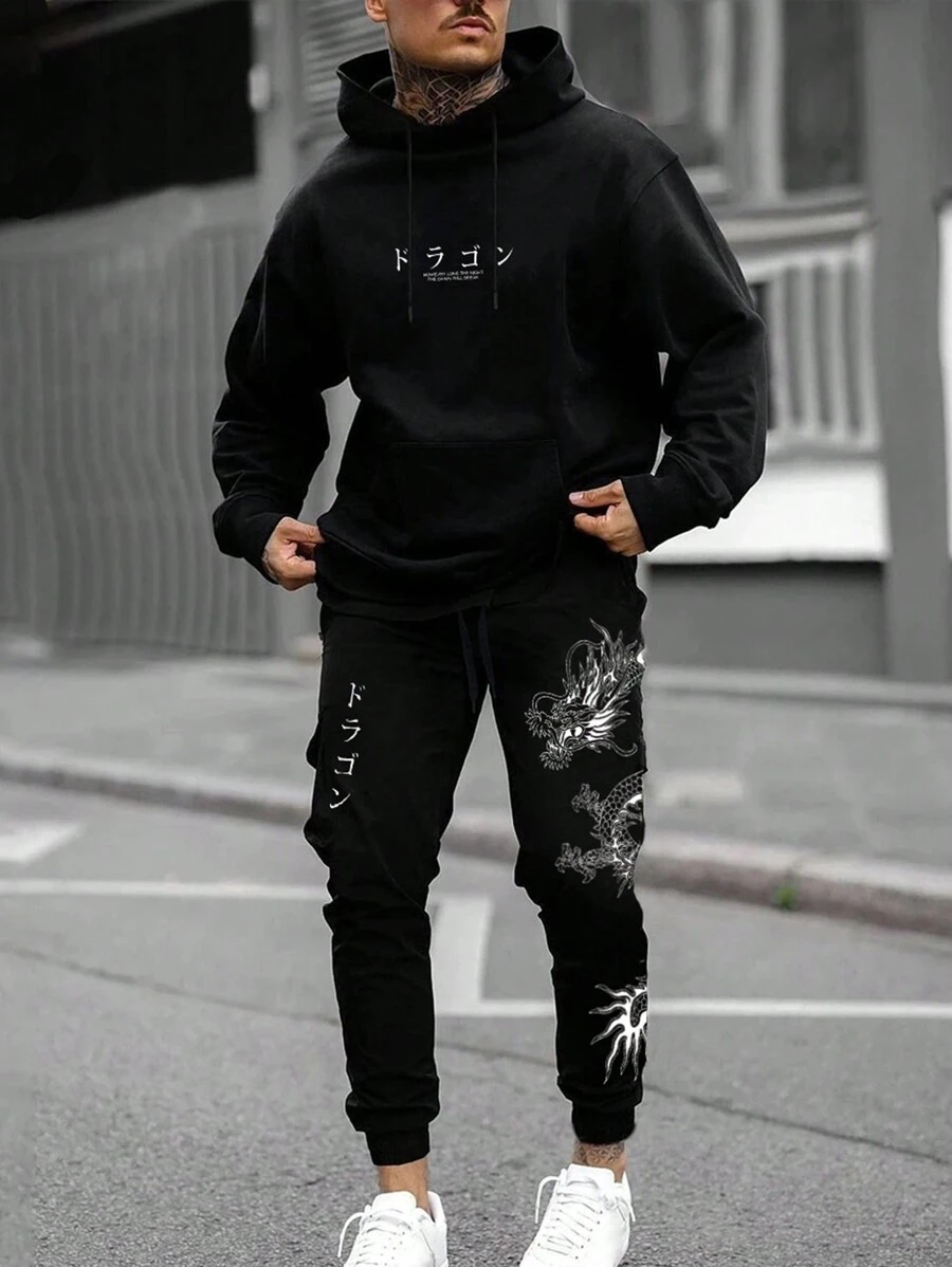 Manfinity LEGND Men Plus Japanese Letter Graphic Drawstring Hoodie ...