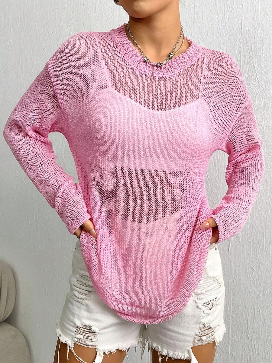 Solid Drop Shoulder Sweater Without Bra | SHEIN USA