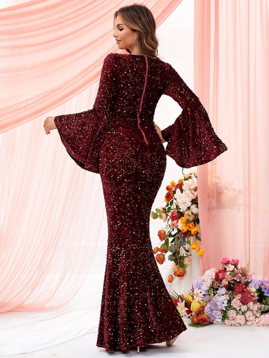 LOVE&LEMONADE Square Neck Flounce Sleeve Sequin Prom Dress | SHEIN USA