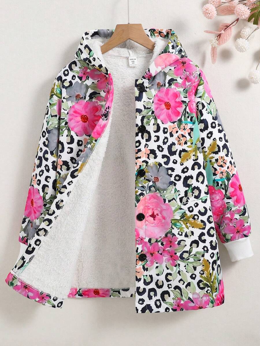 SHEIN Tween Girl Floral & Leopard Print Hooded Thermal Lined Coat for ...