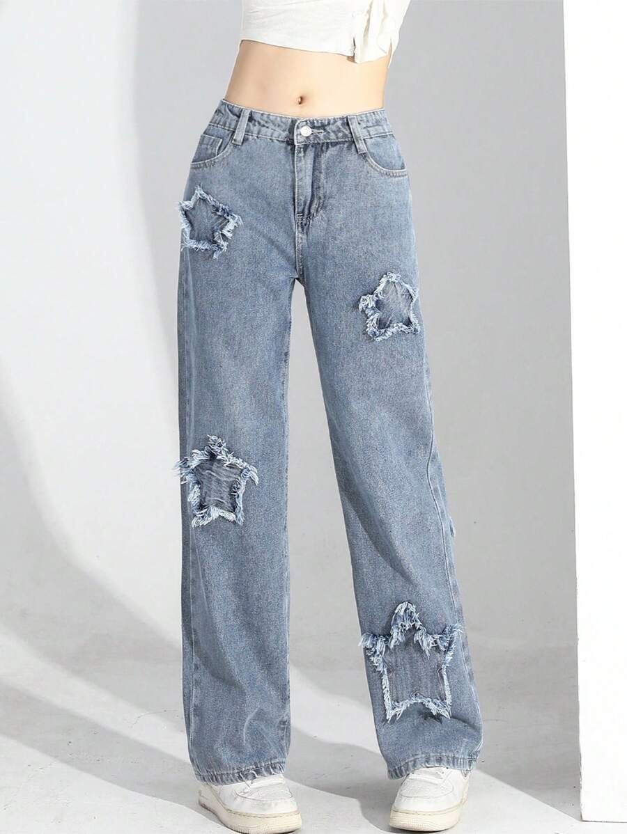 SHEIN Teen Girl Casual Urban Light Wash Fully Elastic Waist Stars Patch ...