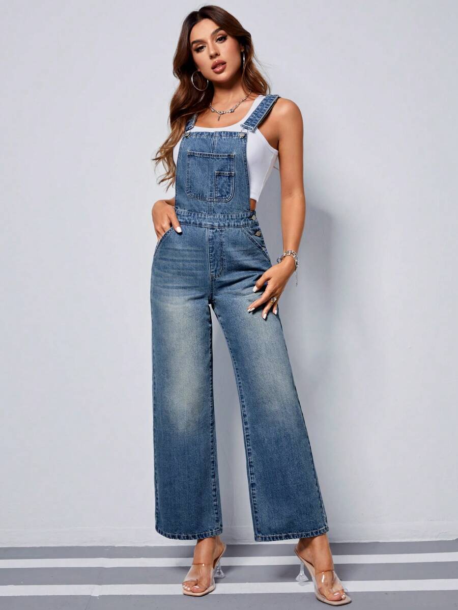 SHEIN EZwear Slant Pocket Wide Leg Denim Overalls Without Tank Top ...