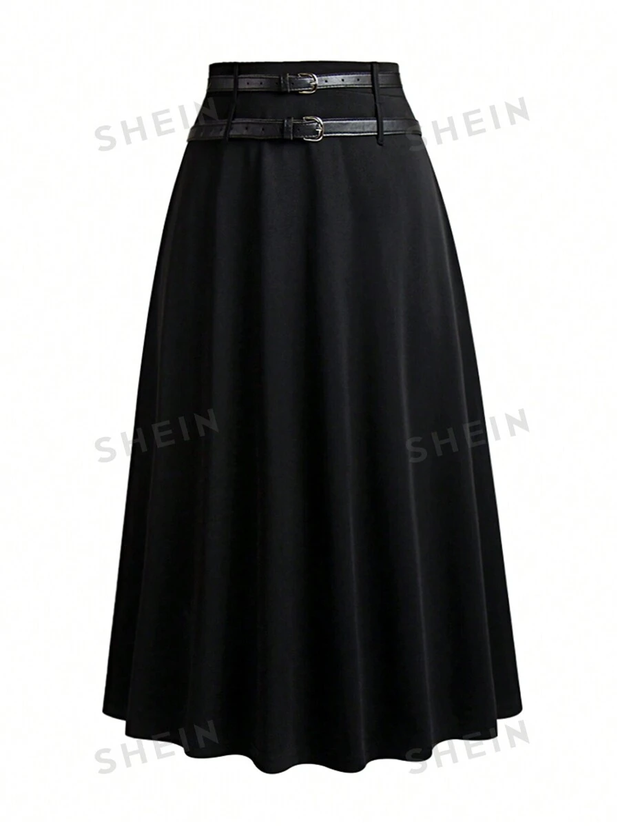 SHEIN Essnce Plus Solid Belted Flare Skirt | SHEIN USA