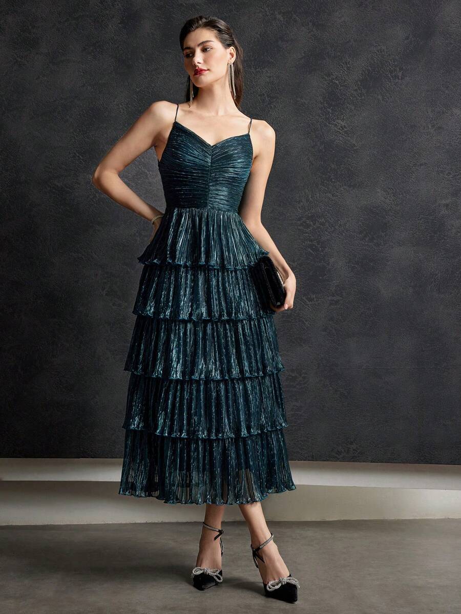 MOTF PREMIUM METALLIC PLISSE TIERED DRESS | SHEIN USA