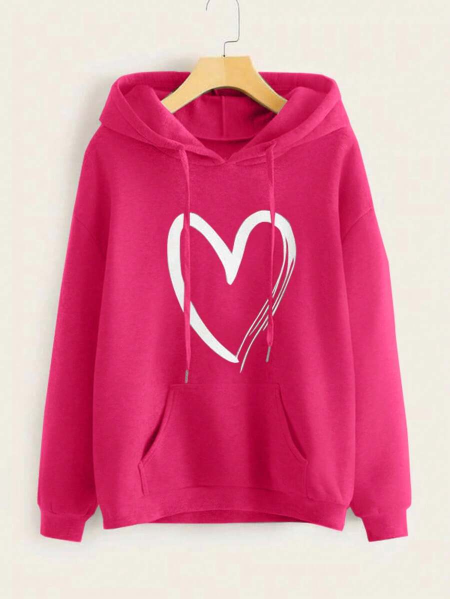 Calvaya Plus Heart Print Kangaroo Pocket Drawstring Hoodie | SHEIN USA