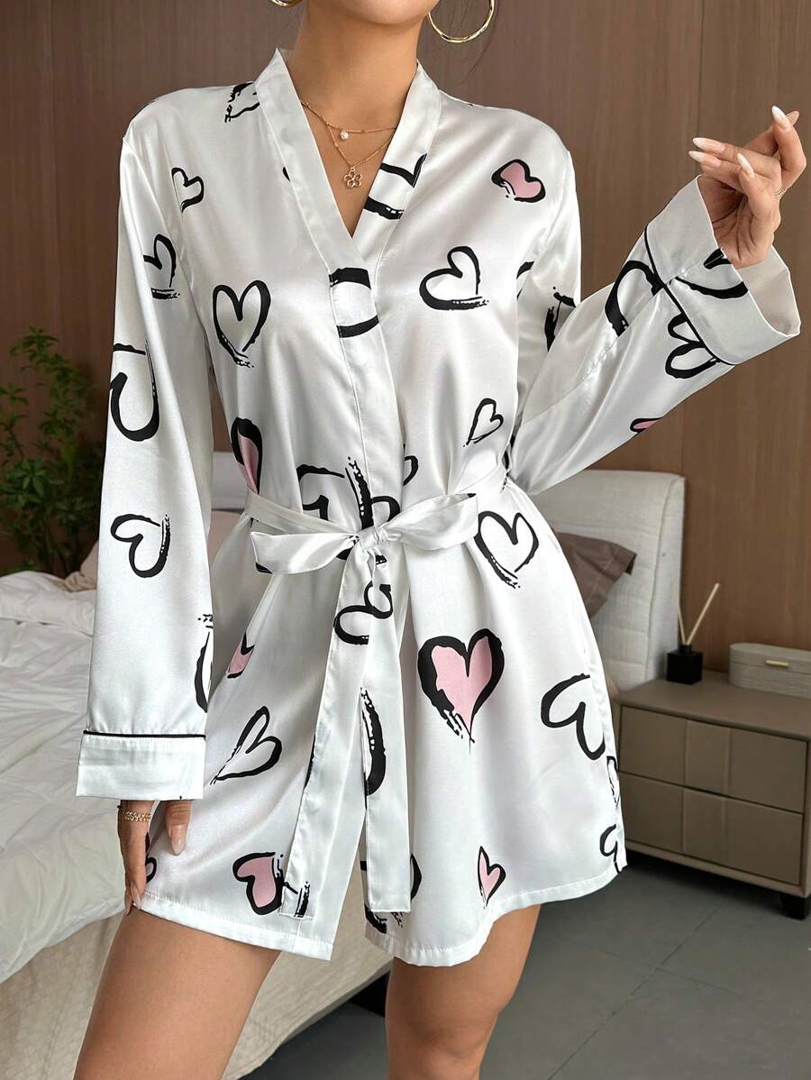 Heart Print Contrast Piping Belted Satin Robe Luxeloungewear | SHEIN USA