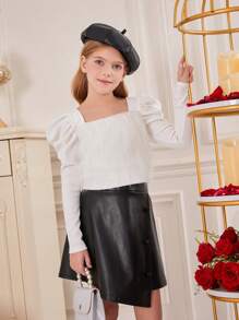 SHEIN Tween Girl Square Neck Gigot Sleeve Tee & PU Leather Wrap Hem ...