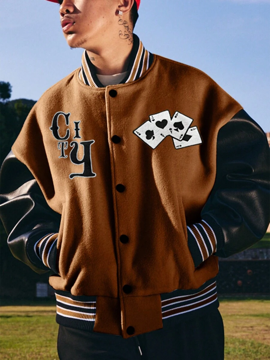 Manfinity EMRG Loose Fit Men's Playing Card Print Varsity Jacket With ...