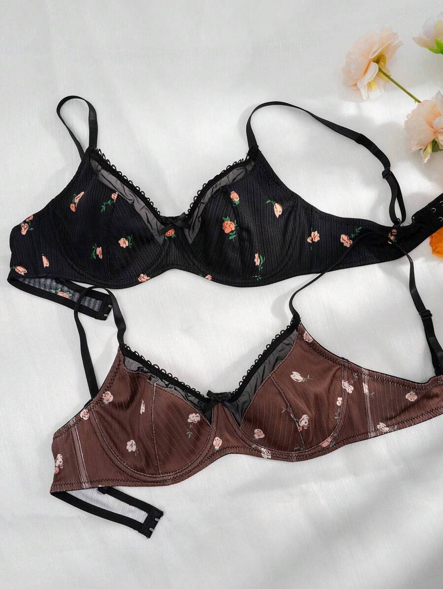 Eraneu 2packs Floral Print Underwire Bra Lingerie | SHEIN USA
